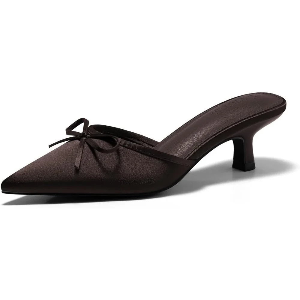 Shoes | Womens Chocolate Kitten Heels Mules With Bow Satin Slip On ...